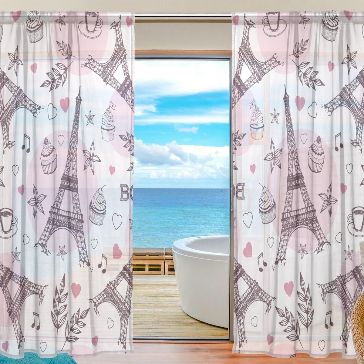 Coolnut Pink Paris Symbols Sheer Gauze Door Curtain Window Curtain ...