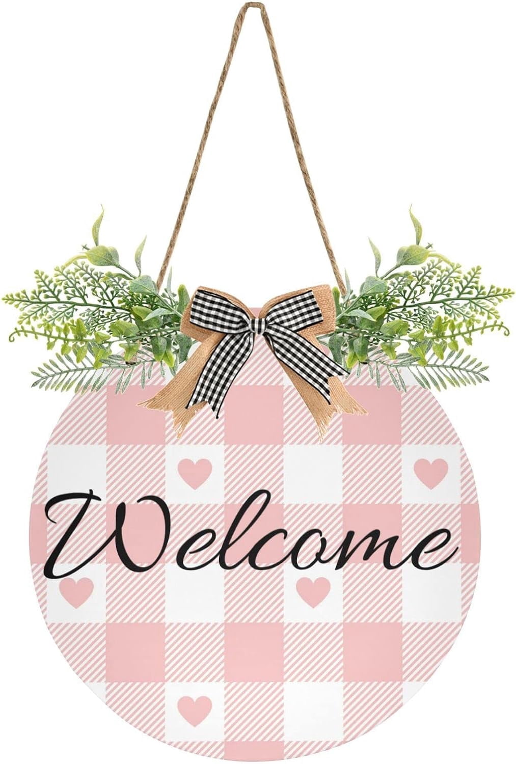 Coolnut Pink White Heart Plaid Welcome Sign for Front Door, Round Sign ...
