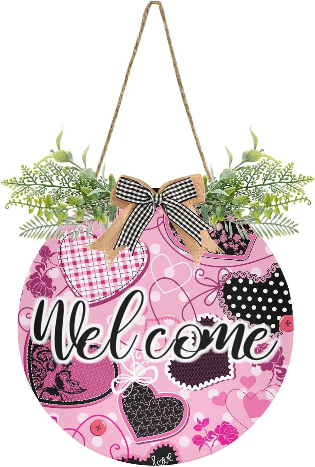 Coolnut Pink and Black Hearts Front Door Round, Hanging Welcome Sign ...