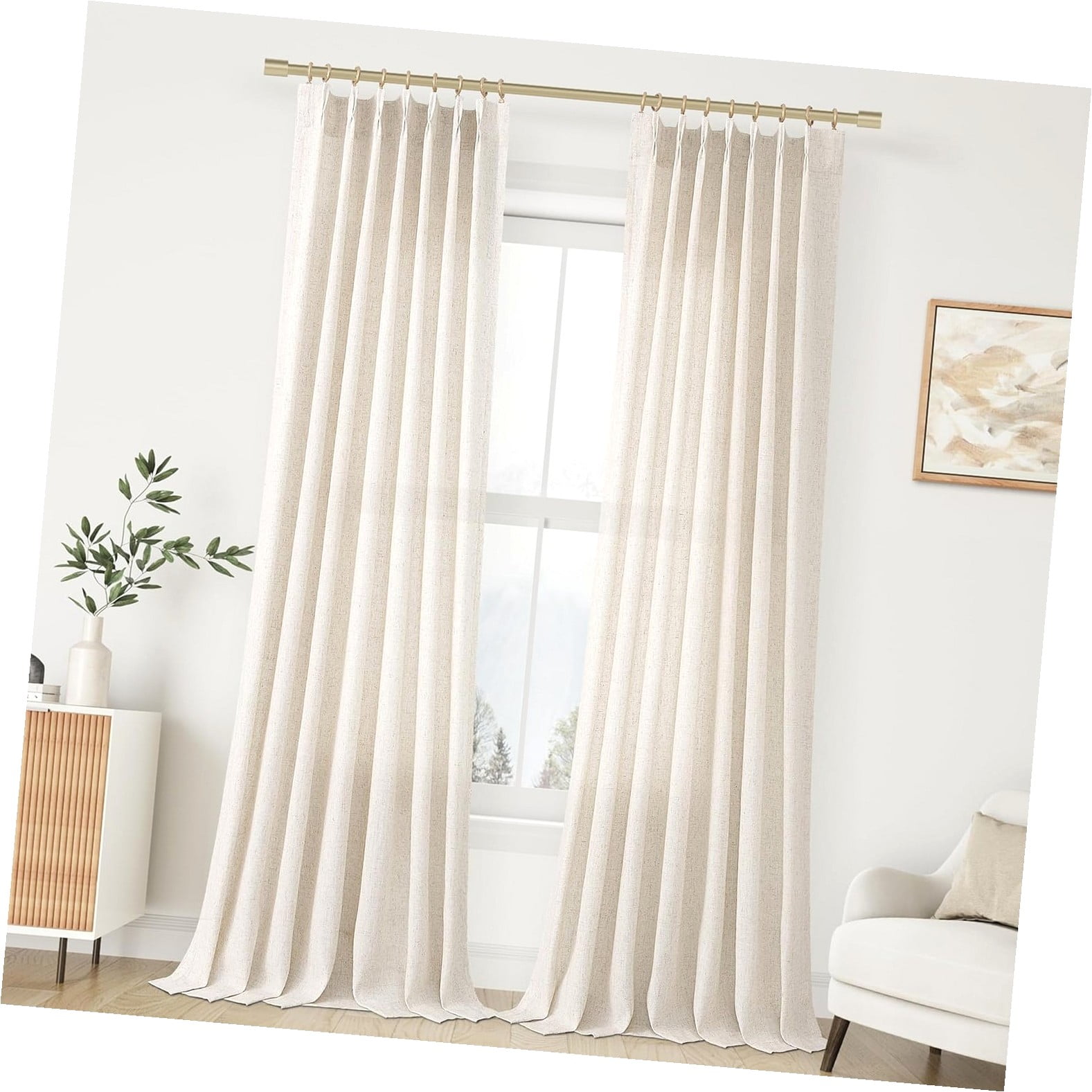 Coolnut Pleated Linen Curtains 96 Inches Long Room 2 Panel Set Beige ...