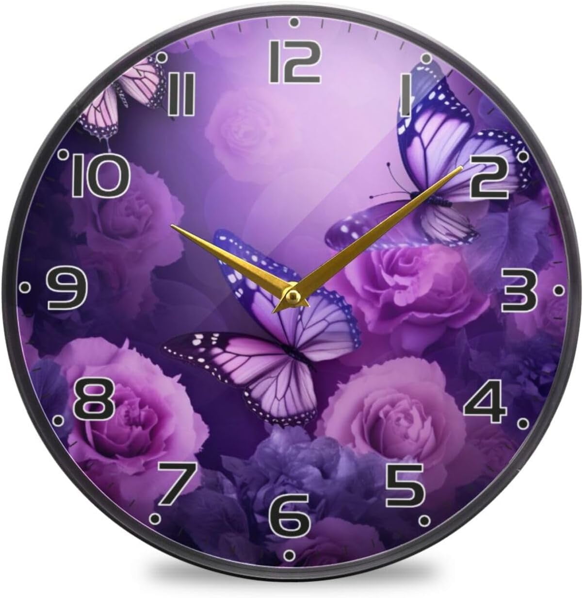 Coolnut Purple Flowers Butterflies Wall Clock Round Silent Non Ticking ...