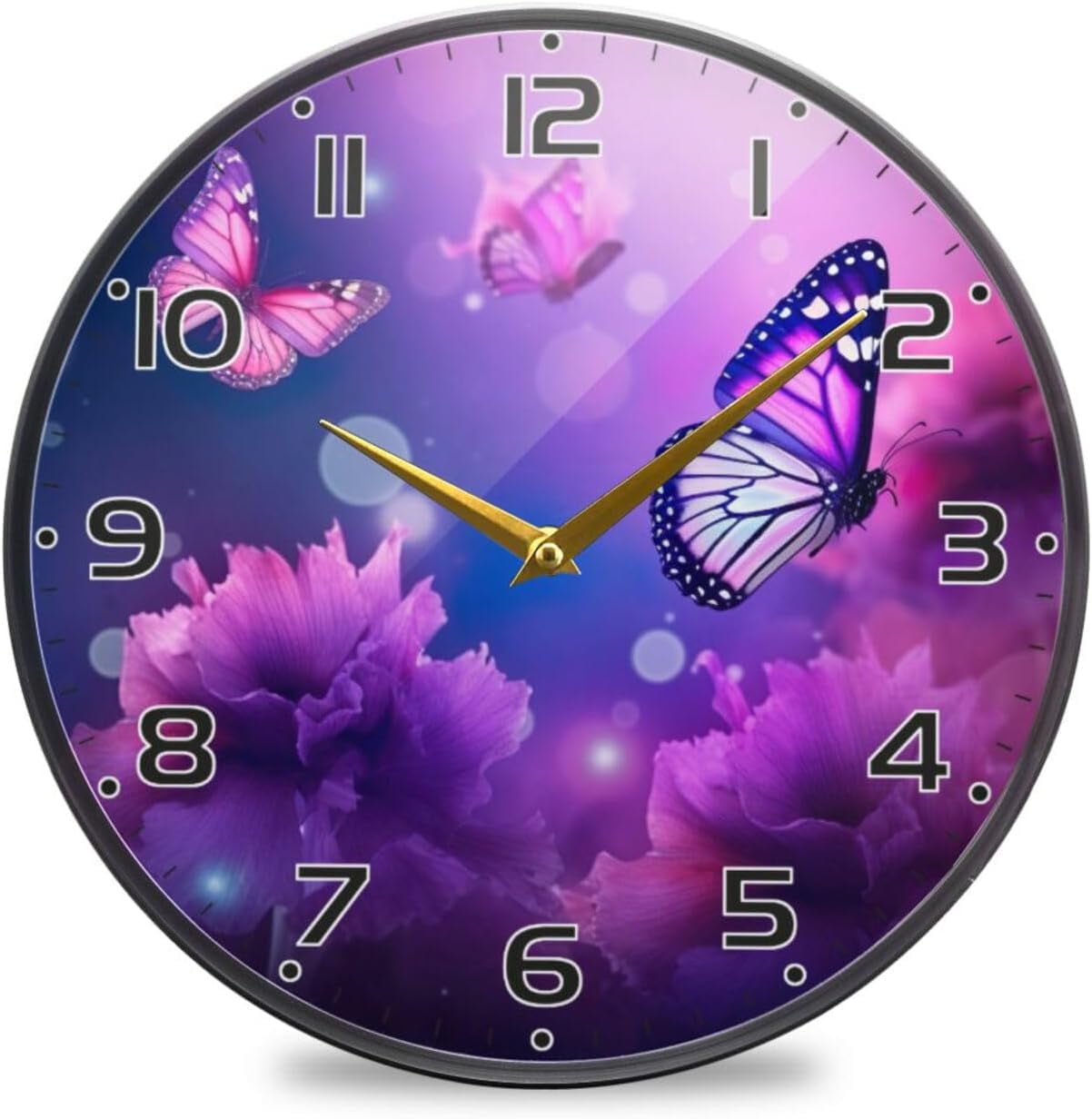 Coolnut Purple Flowers Butterflies Wall Clock Round Silent Non Ticking ...