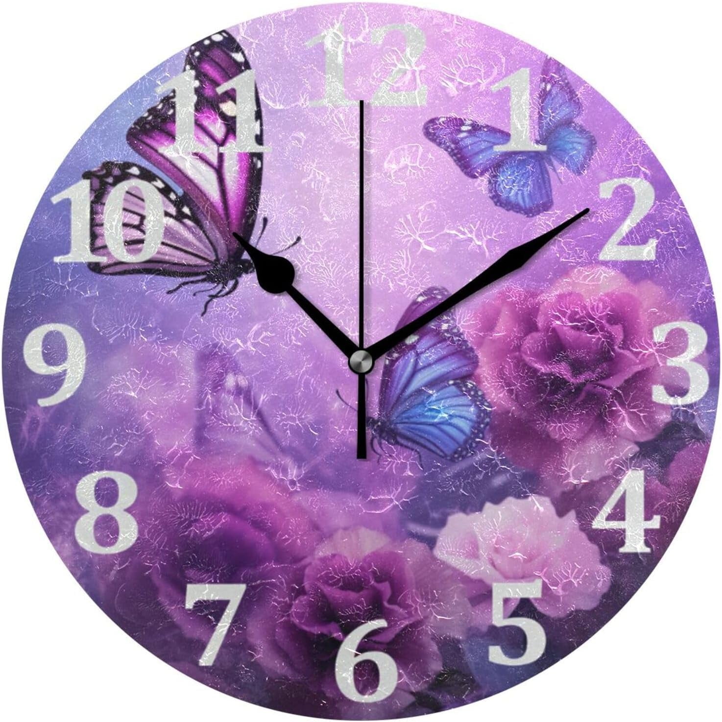 Coolnut Purple Flowers Butterflies Wall Clock Round Vintage Silent Non ...