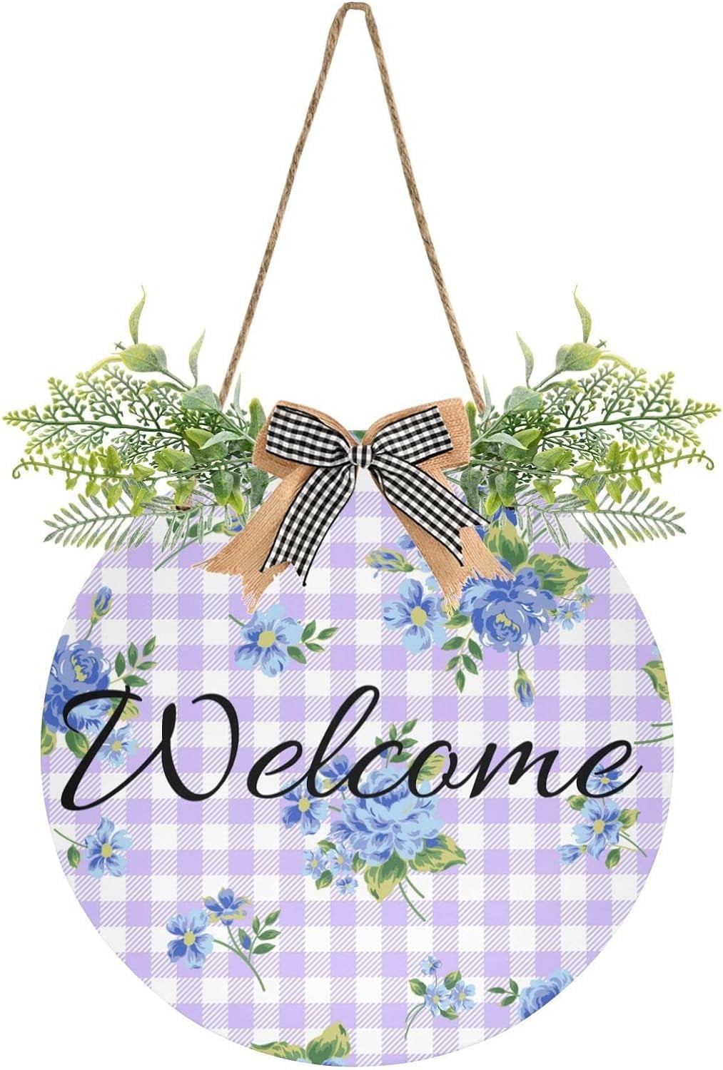 Coolnut Purple White Peony Plaid Welcome Sign for Front Door, Round ...