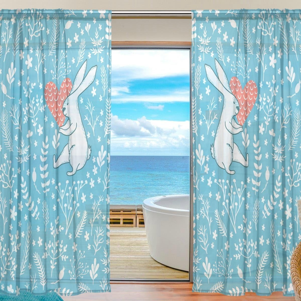 Coolnut Rabbits in Flowers Sheer Gauze Door Curtain Window Curtain ...