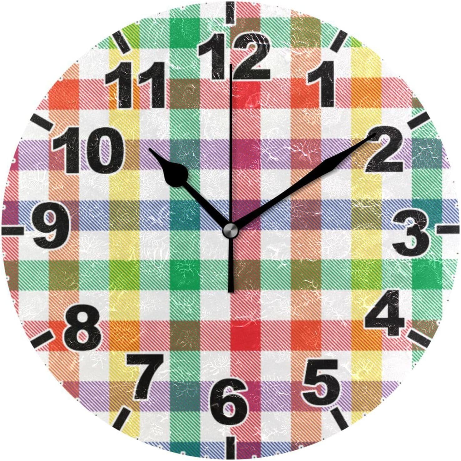 Coolnut Rainbow Plaid Round Wall Clock, Battery Operated Silent Non ...