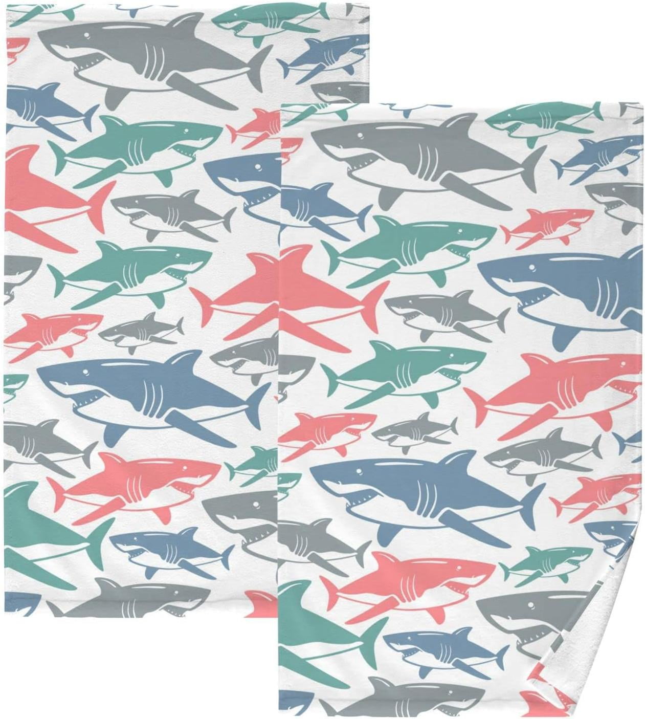 Coolnut Red Blue Sharks Patterned Hand Towels 2 PCS, Cotton Bath Towel ...