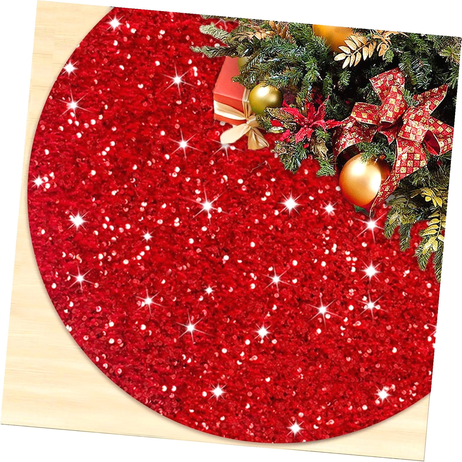 Coolnut Red Christmas Tree Skirt 46 Inch Glittering Sequin Tree Skirt ...