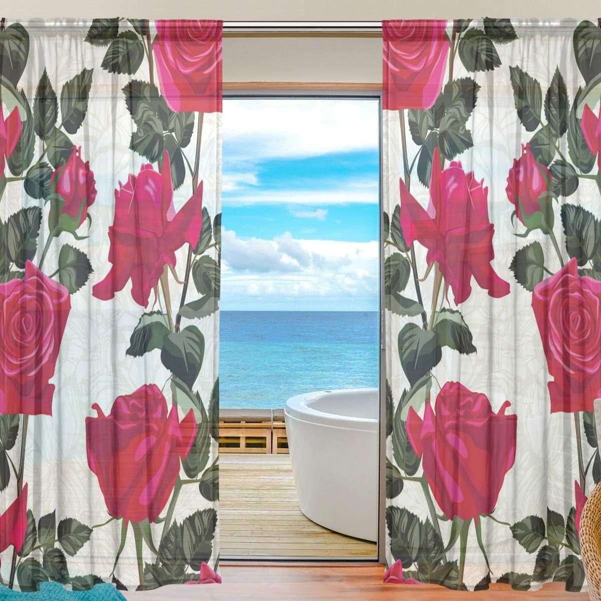 Coolnut Red Flowers Roses and Leaves Semi Sheer Curtains Window Voile ...