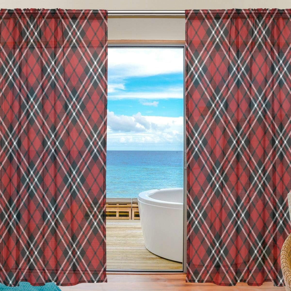 Coolnut Red Tartan Plaid Semi Sheer Curtains Window Voile Drapes Panels ...