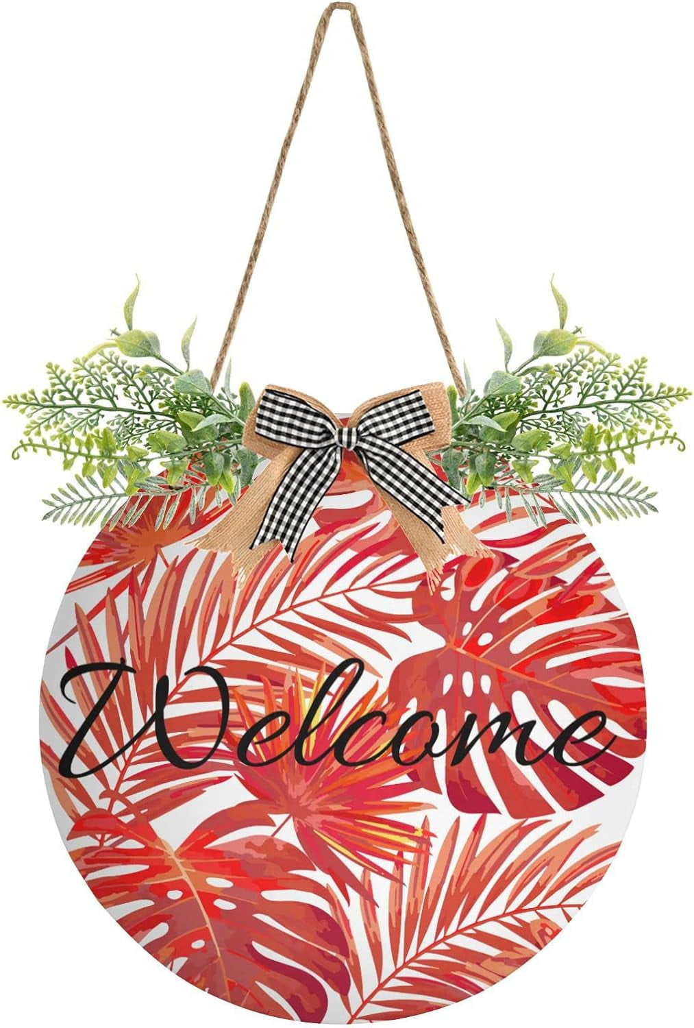 Coolnut Red Tropical Palm Leaves Welcome Sign for Front Door, Round ...