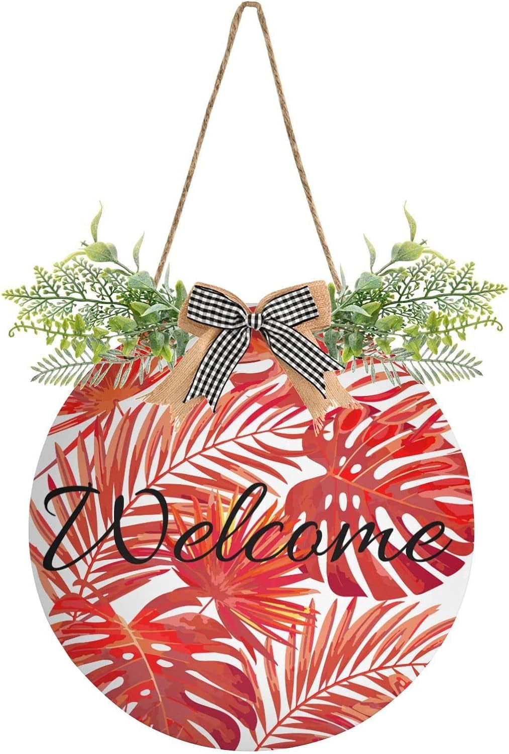 Coolnut Red Tropical Palm Leaves Welcome Sign for Front Door, Round ...