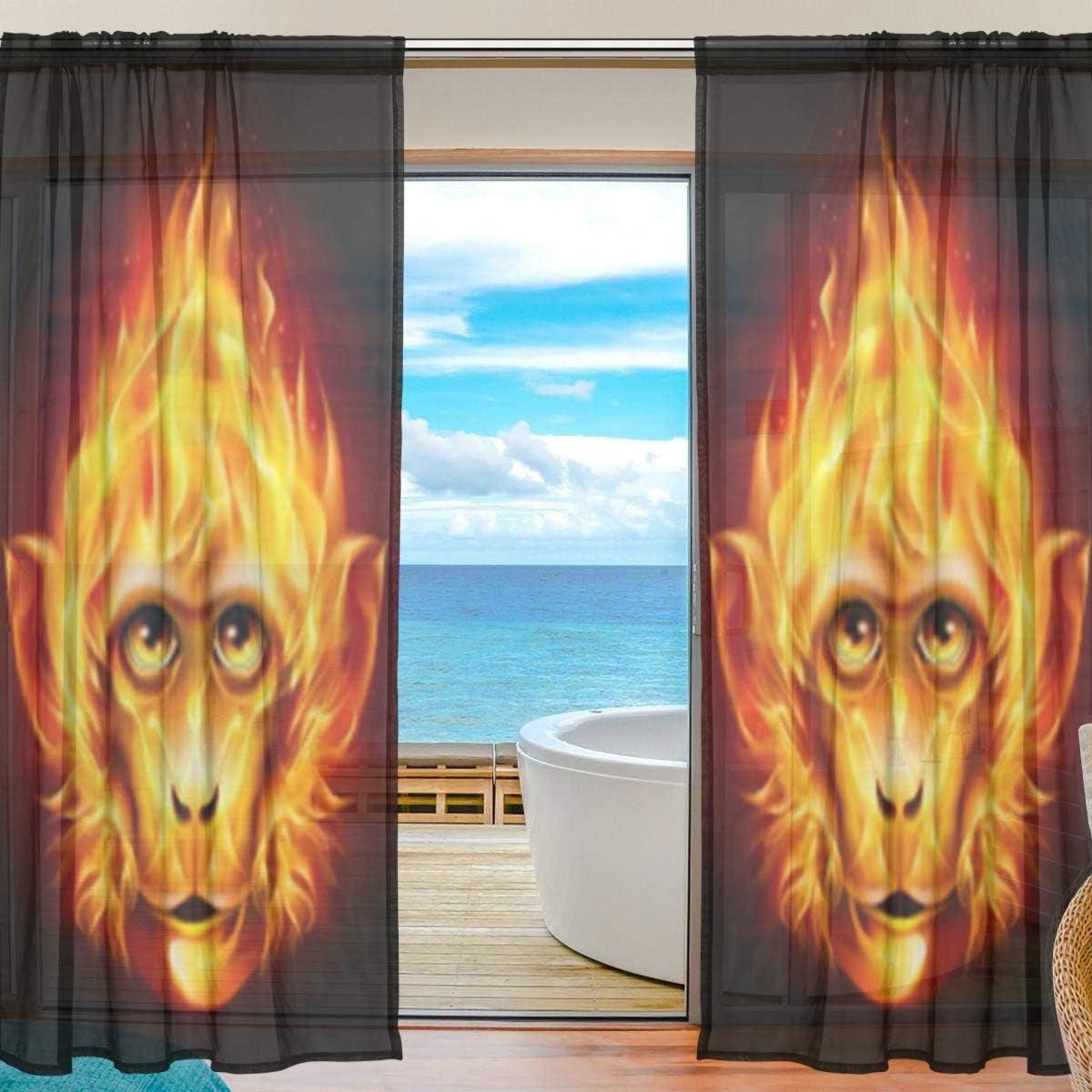 Coolnut Redhead Fire Monkey Semi Sheer Curtains, 78"x55" Window Voile ...