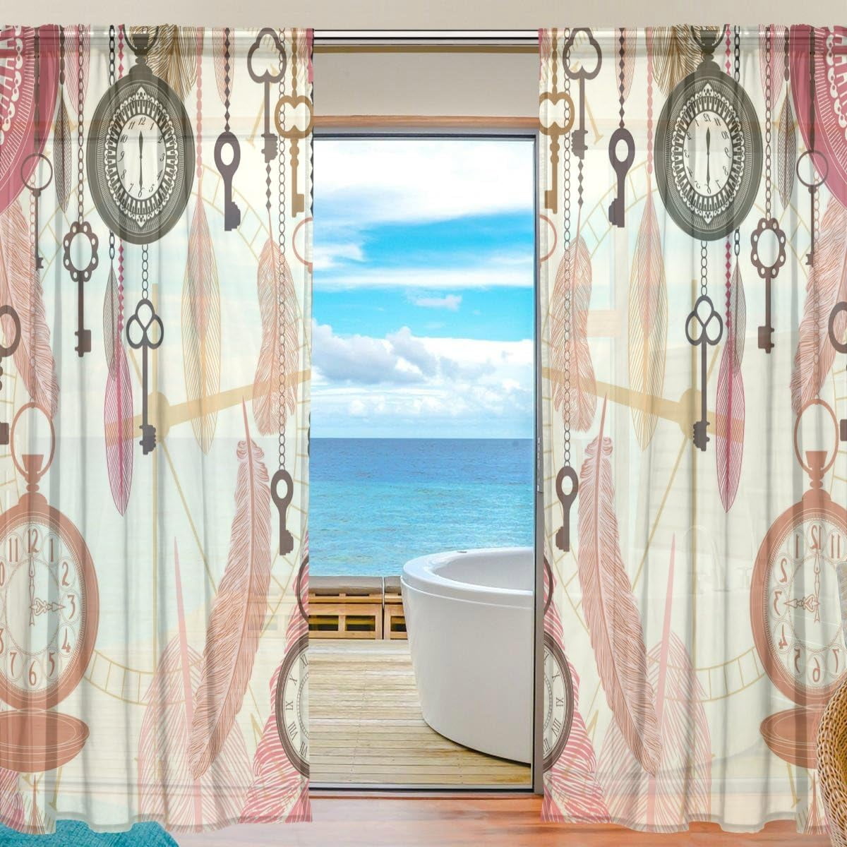 Coolnut Retro Clocks Sheer Gauze Door Curtain Window Curtain Drapes for ...