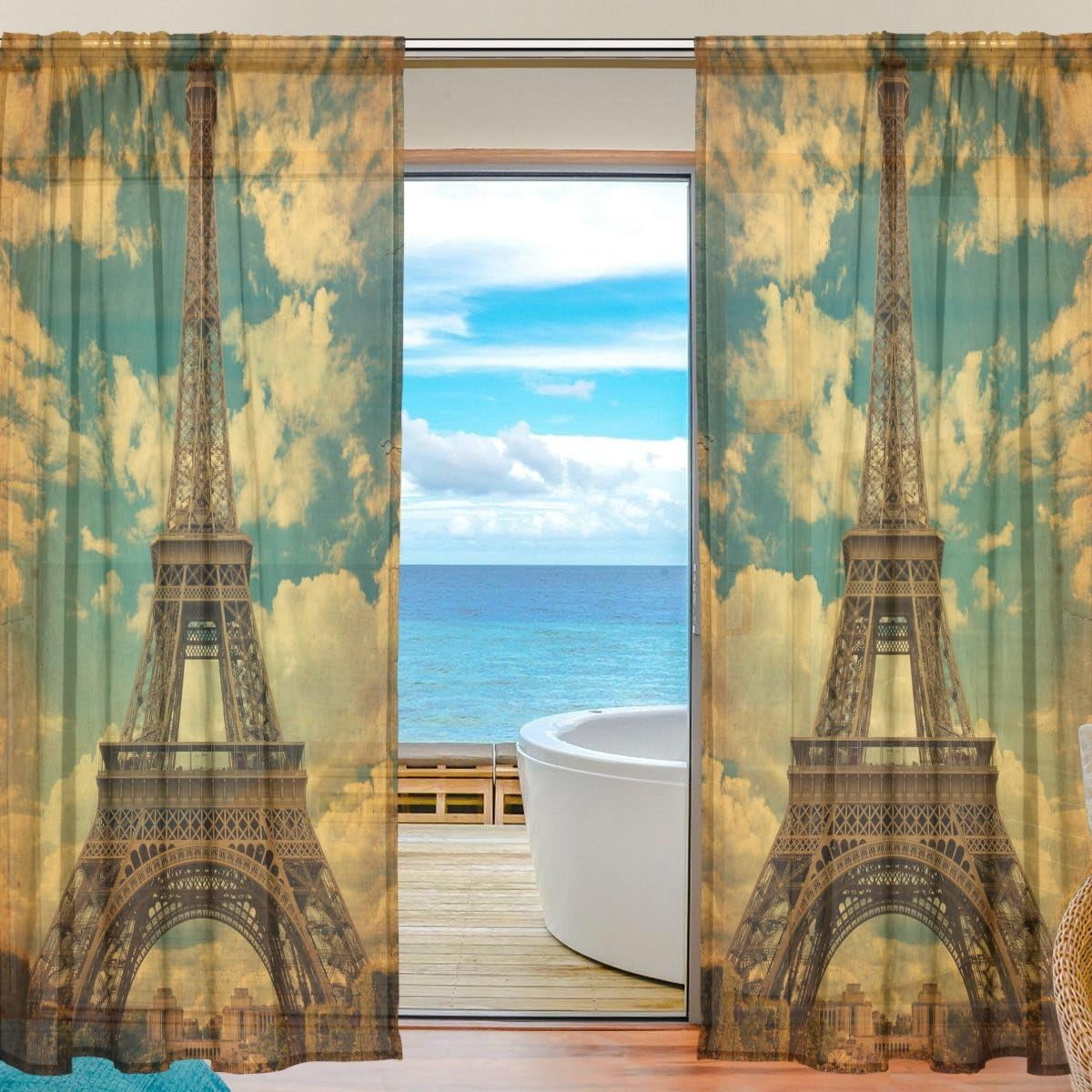 Coolnut Retro Eiffel Tower Sheer Gauze Door Curtain Window Curtain Drapes for Living Room Kids ...