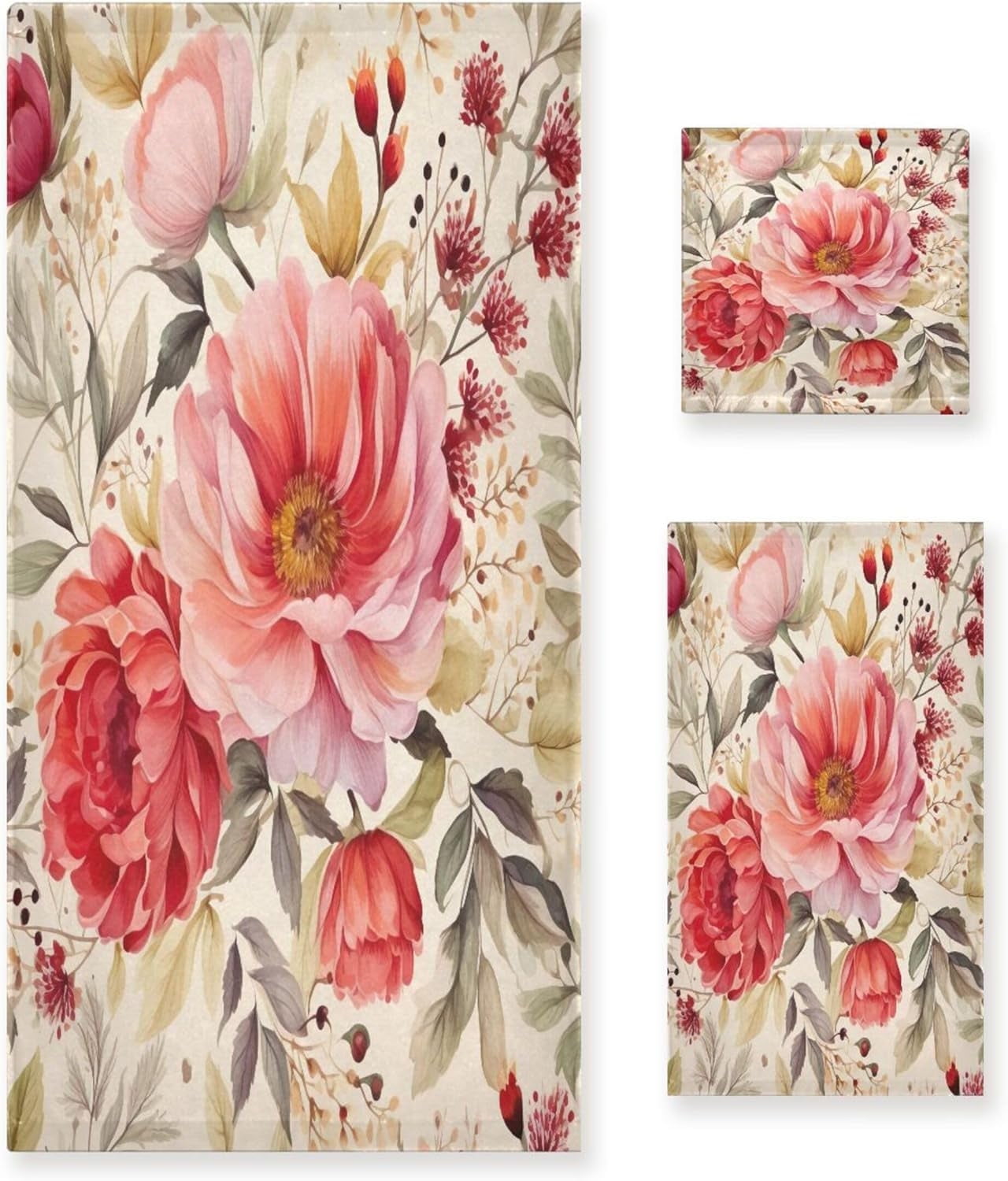 Coolnut Retro Floral Bathroom Towel Set of 3 with Hand Towel, Wash ...