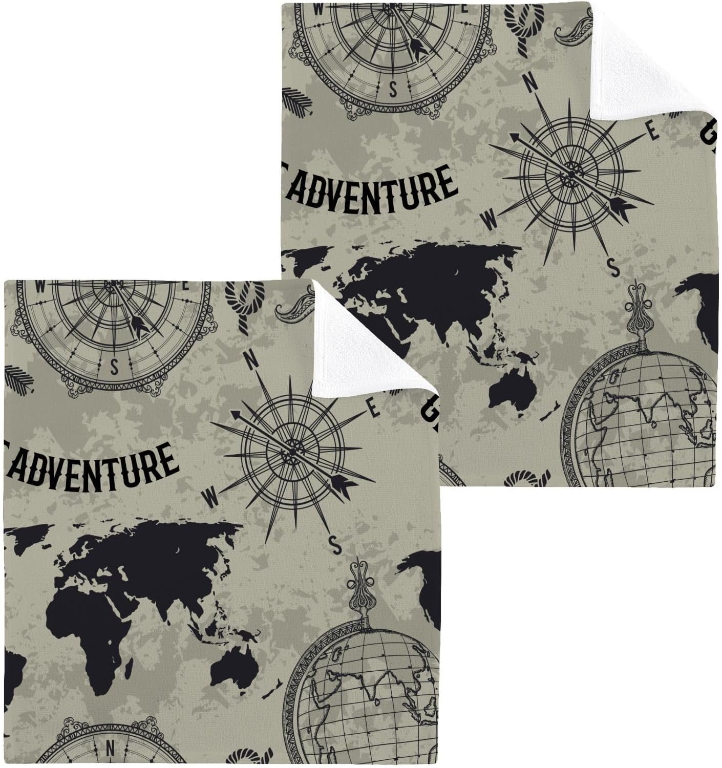 Coolnut Retro Map Pattern Wash Cloth Set of 2, 12 x 12 Inch Cotton Baby ...