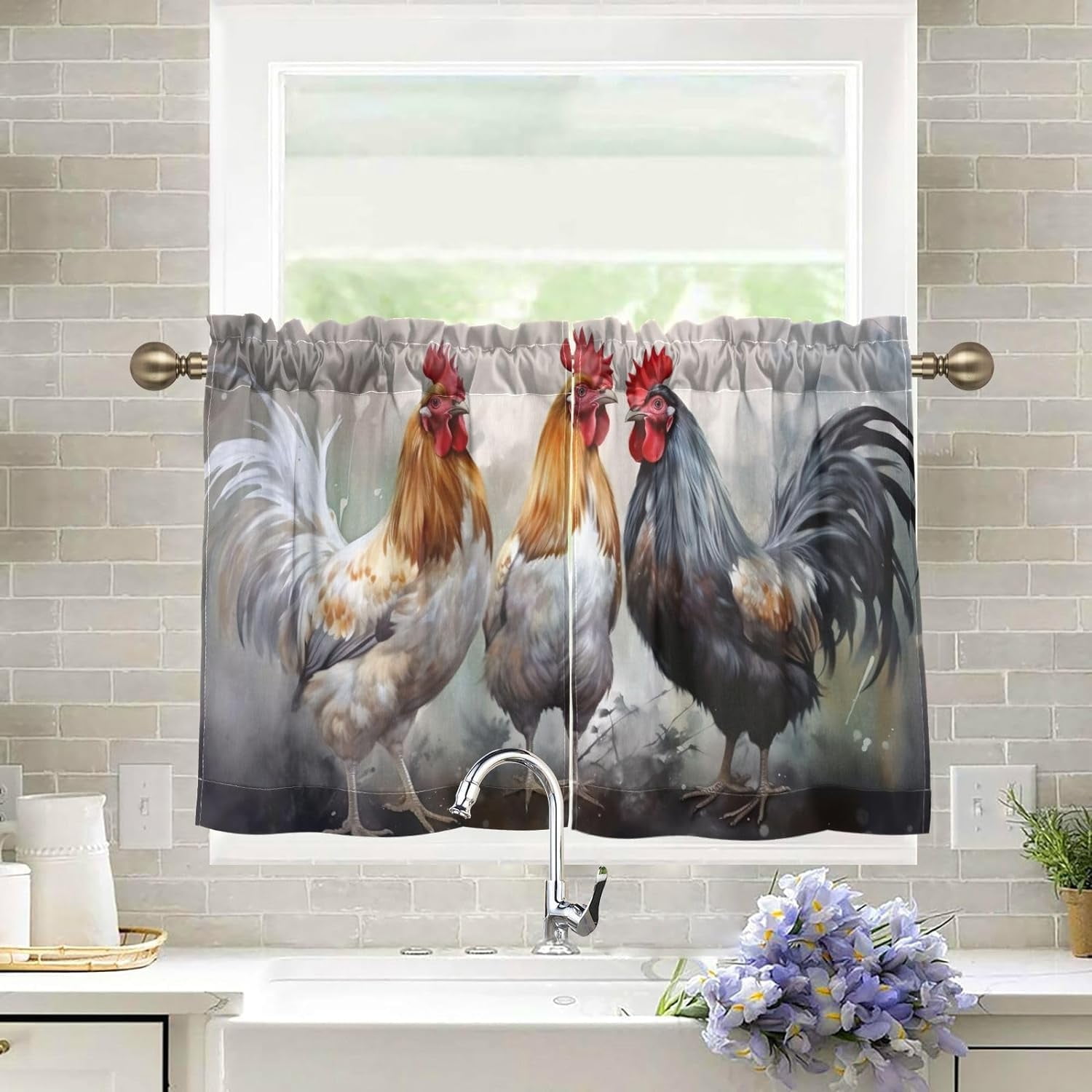Coolnut Retro Style Farmhouse Rooster Half Window Tier Curtains 24 Inch ...