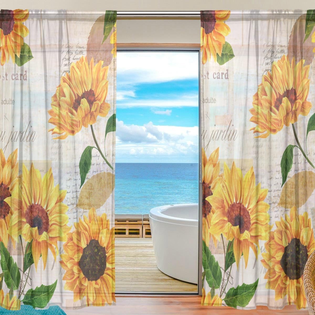 Coolnut Retro Watercolor Sunflower Sheer Gauze Door Curtain Window ...