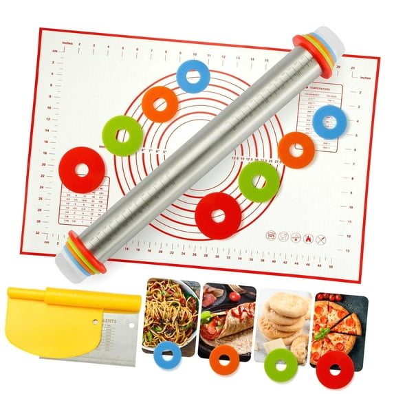 Coolnut Rolling Pin, Rolling Thickness and Baking Pastry Mat Set, Steel Dough Roller Rolling for ...