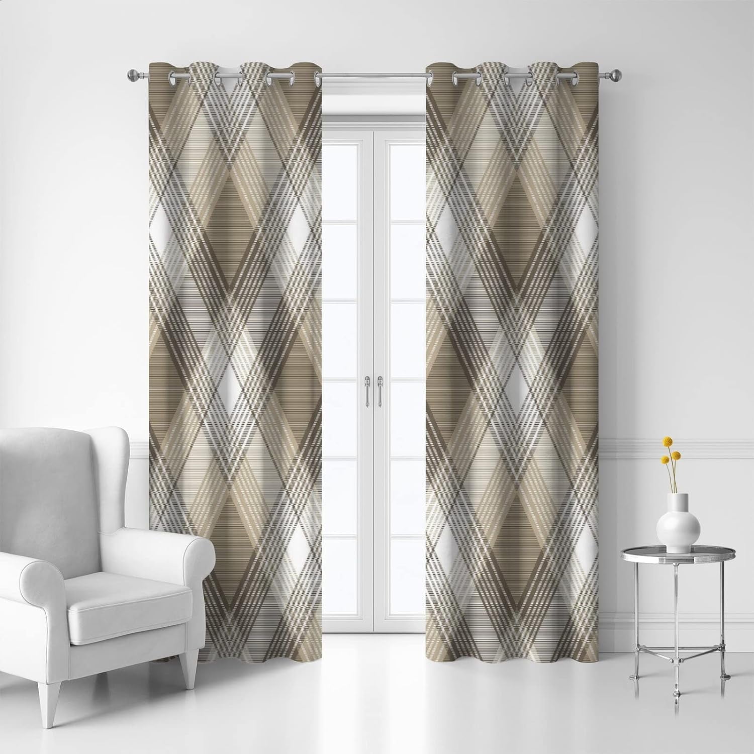 Coolnut Room Darkening Window Curtains Panels Drapes Brown White Plaid ...