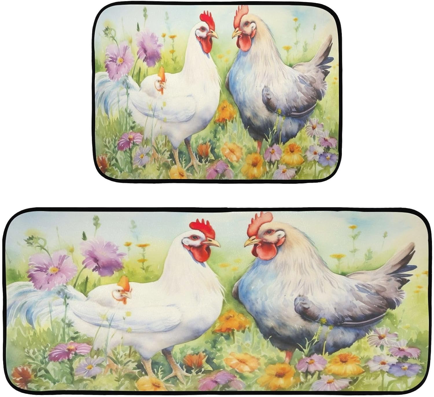 Coolnut Rooster Flower Kitchen Rug Set of 2 Non Slip Washable Cushioned ...