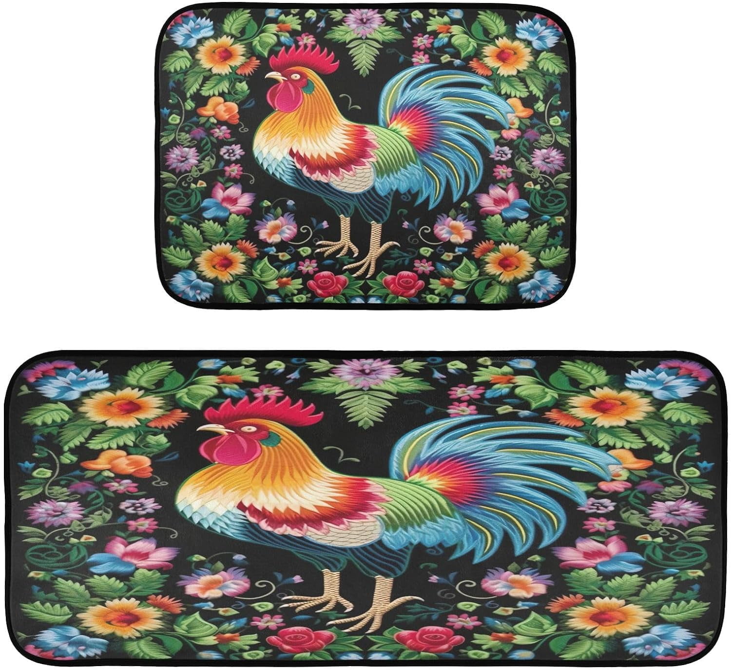 Coolnut Rooster Flower Kitchen Rug Set of 2 Non Slip Washable Cushioned ...