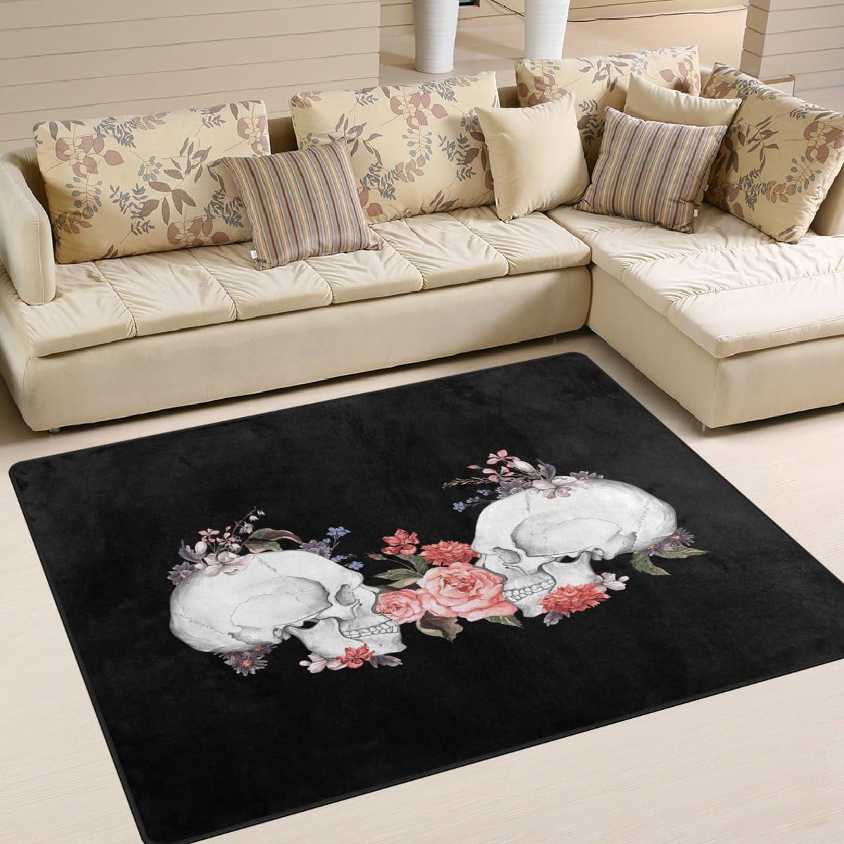 Coolnut Rose Flower Day of The Dead Sugar Skull Black Area Rug Rugs for ...