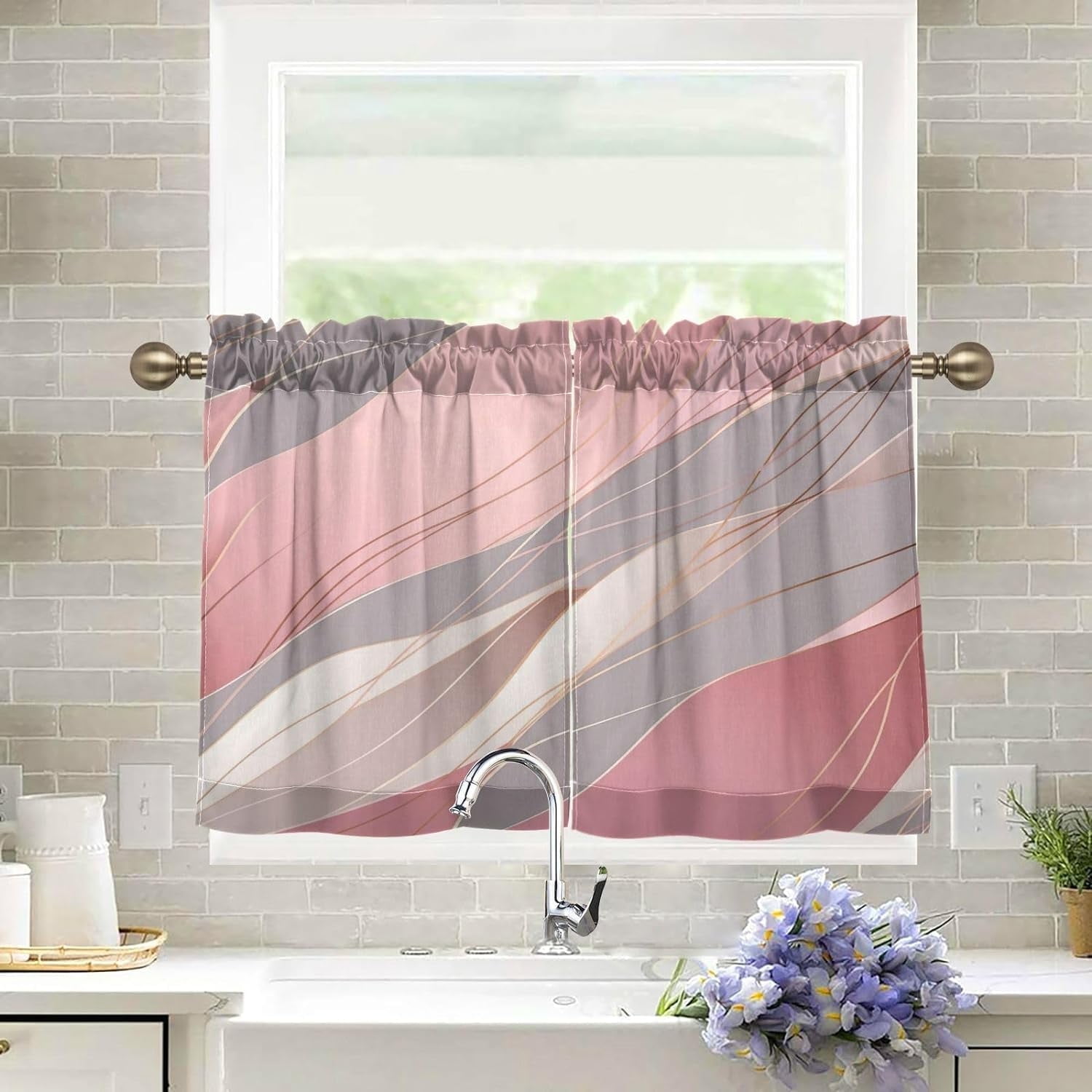 Coolnut Rose Gold Texture Half Window Tier Curtains 24 Inch Blackout ...