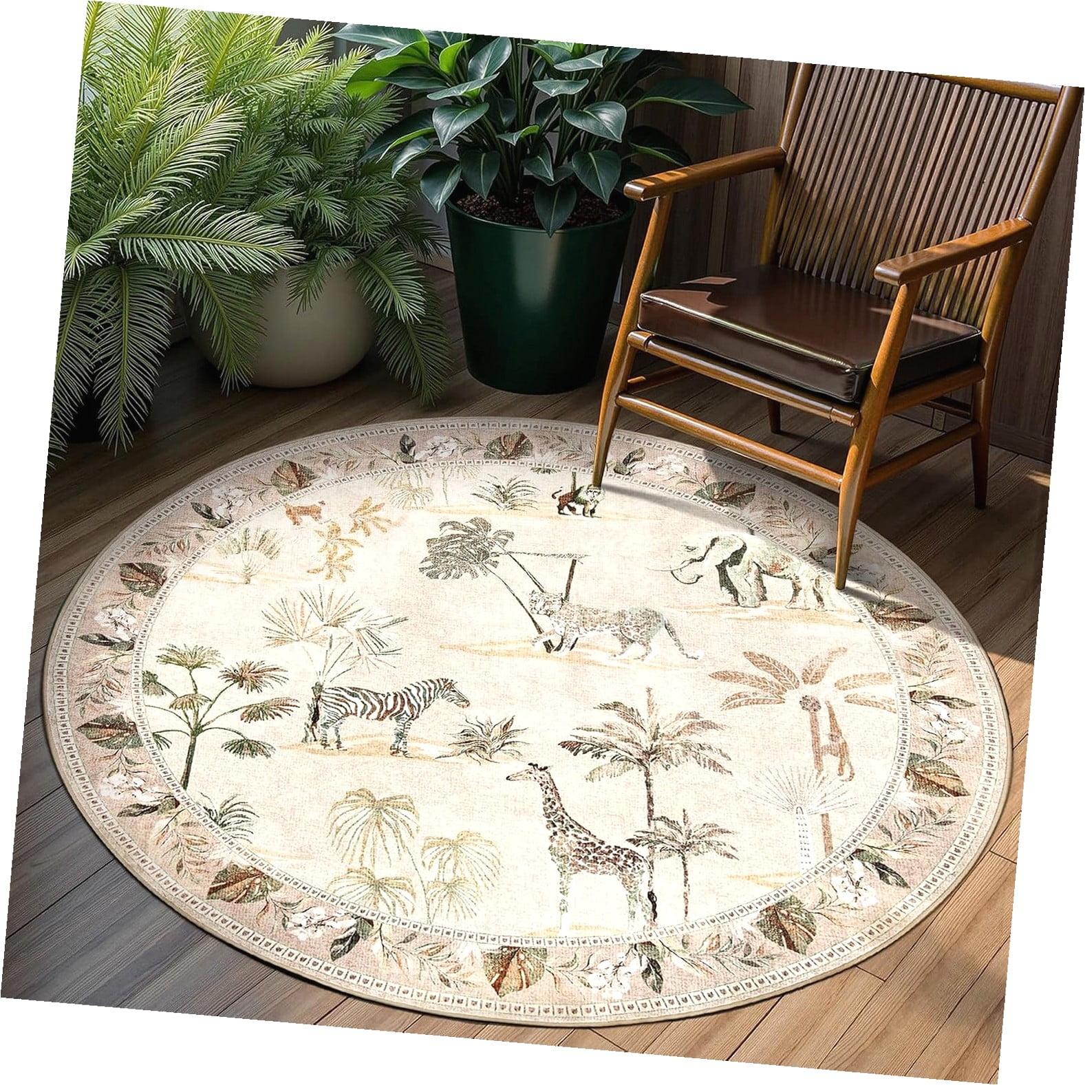 Coolnut Round Rugs 5ft Beige Jungle Animals Print, Machine Washable 5 ...