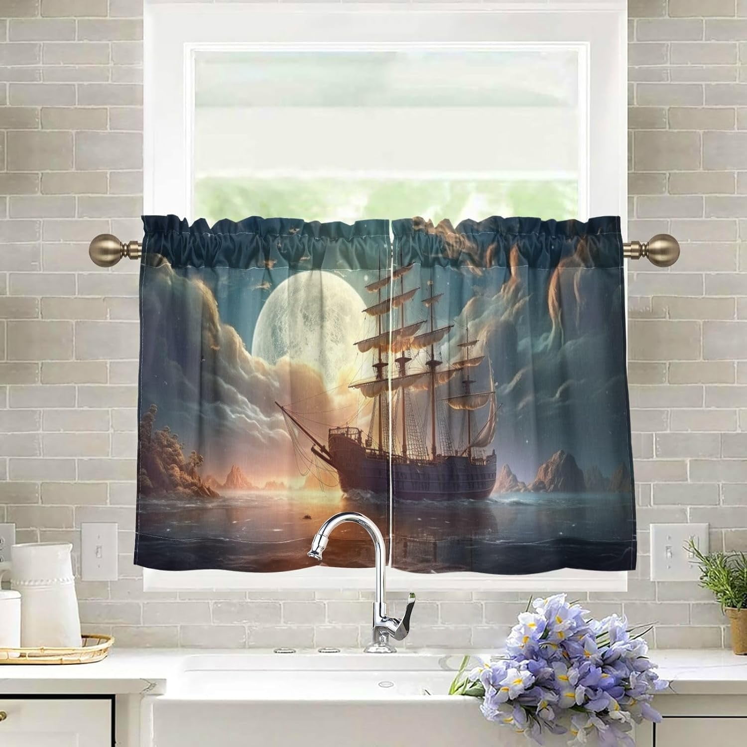 Coolnut Sailing Ship Kitchen Curtains 36 Inch Length Blackout Thermal ...