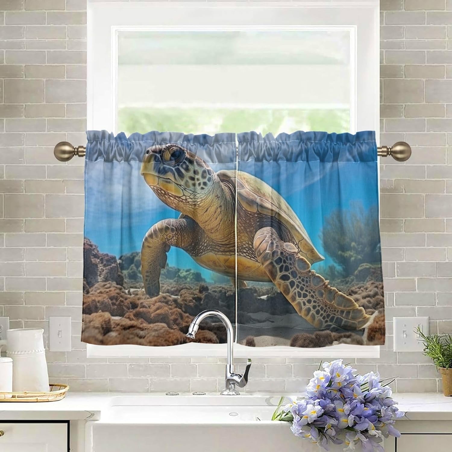 Coolnut Sea Turtle Kitchen Curtains 24 Inch Length Blackout Thermal ...