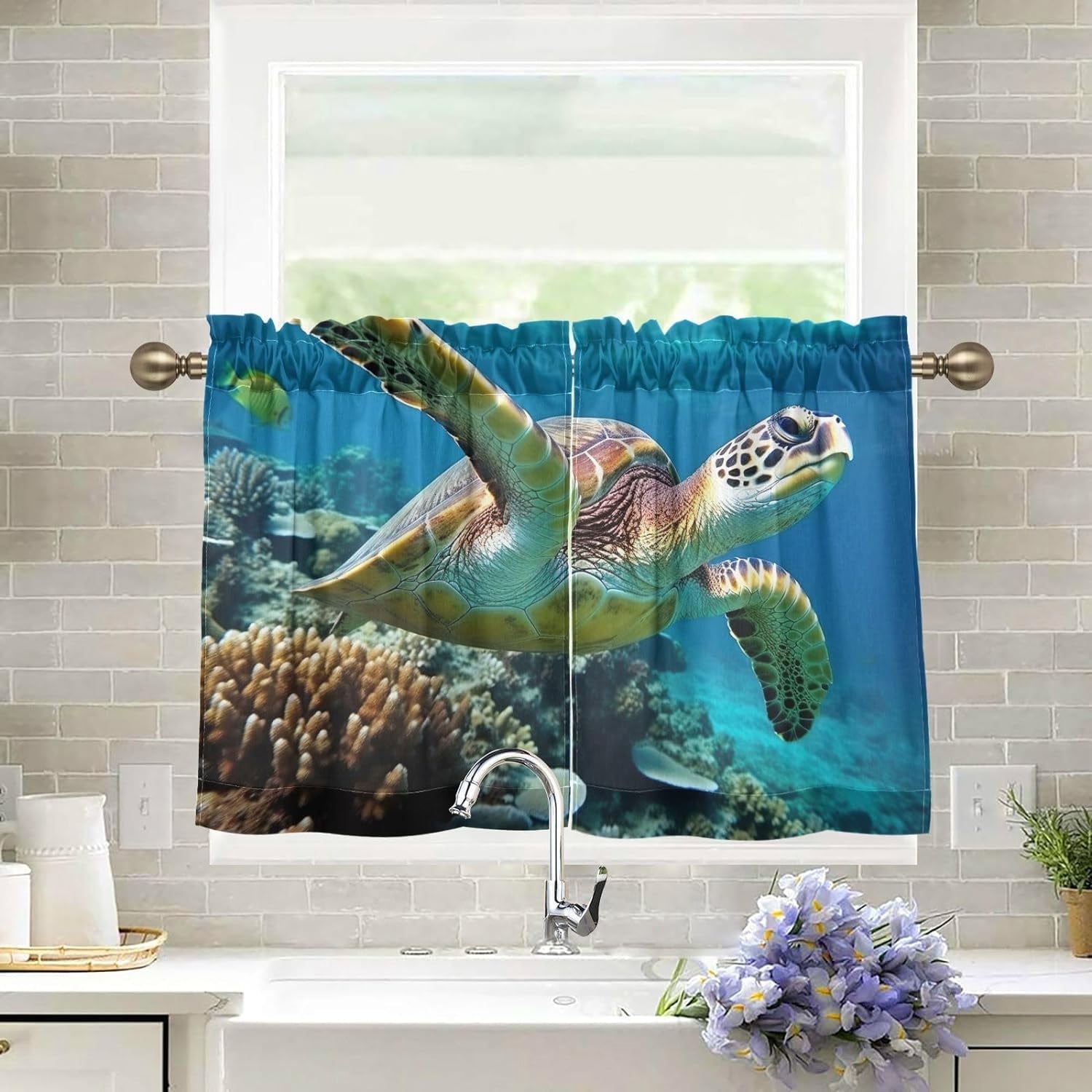 Coolnut Sea Turtle Kitchen Curtains 36 Inch Length Blackout Thermal ...