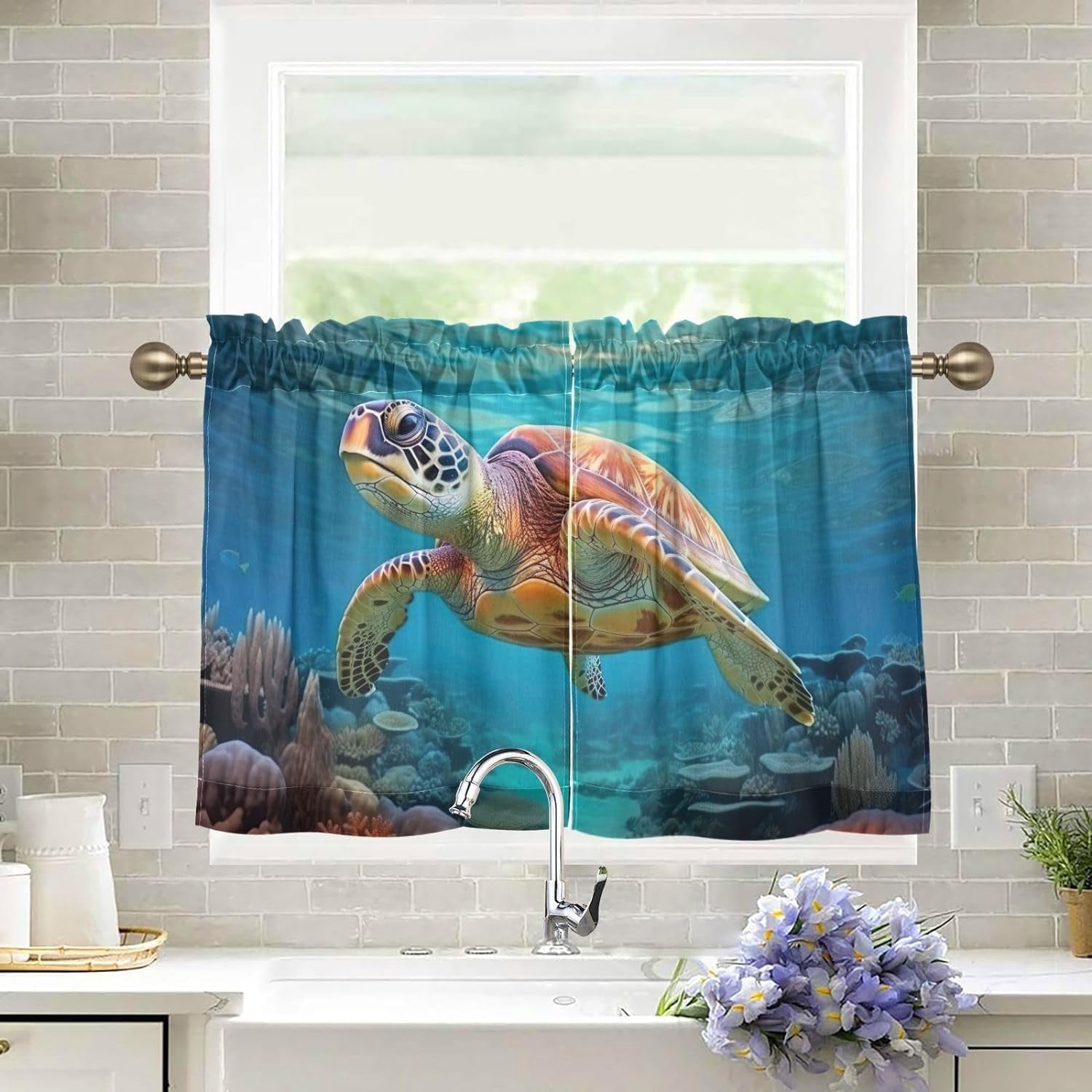 Coolnut Sea Turtle Kitchen Curtains 36 Inch Length Blackout Thermal ...