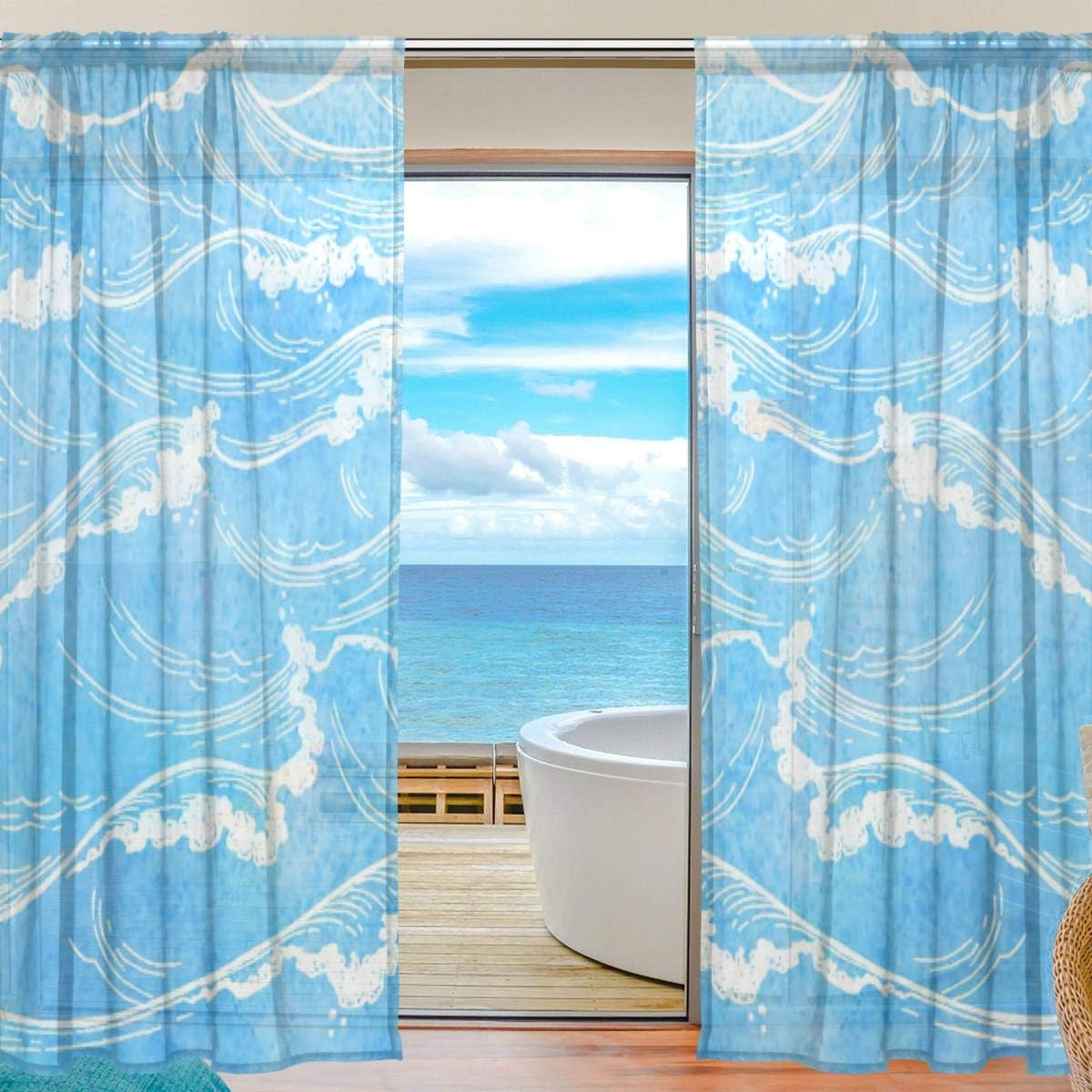 Coolnut Sea Waves Semi Sheer Curtains Window Voile Drapes Panels ...