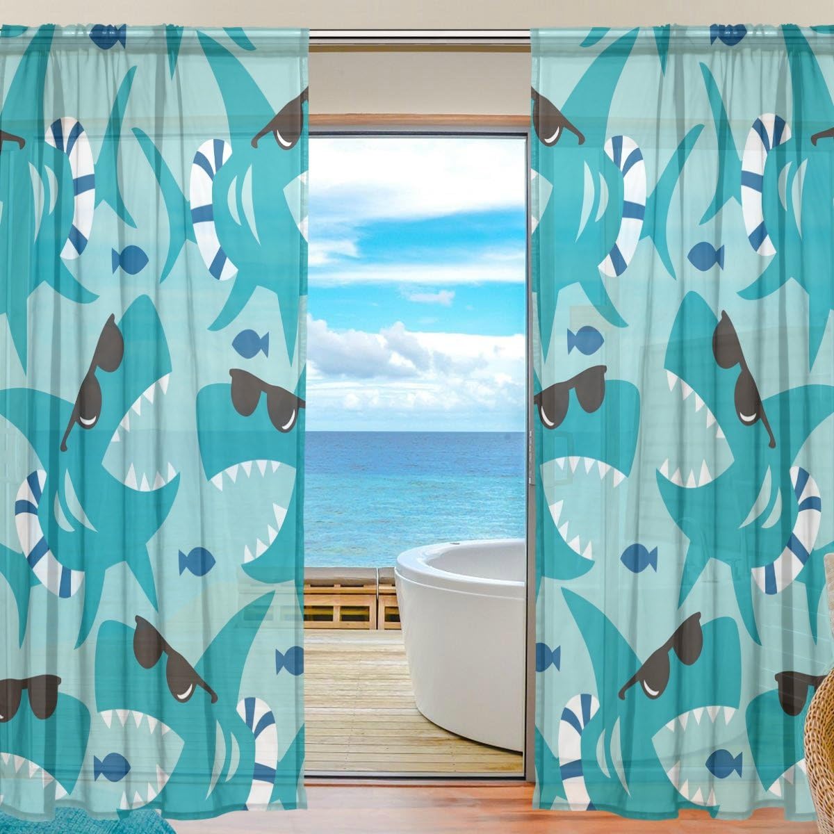 Coolnut Seamless Shark Pattern Sheer Gauze Door Curtain Window Curtain ...