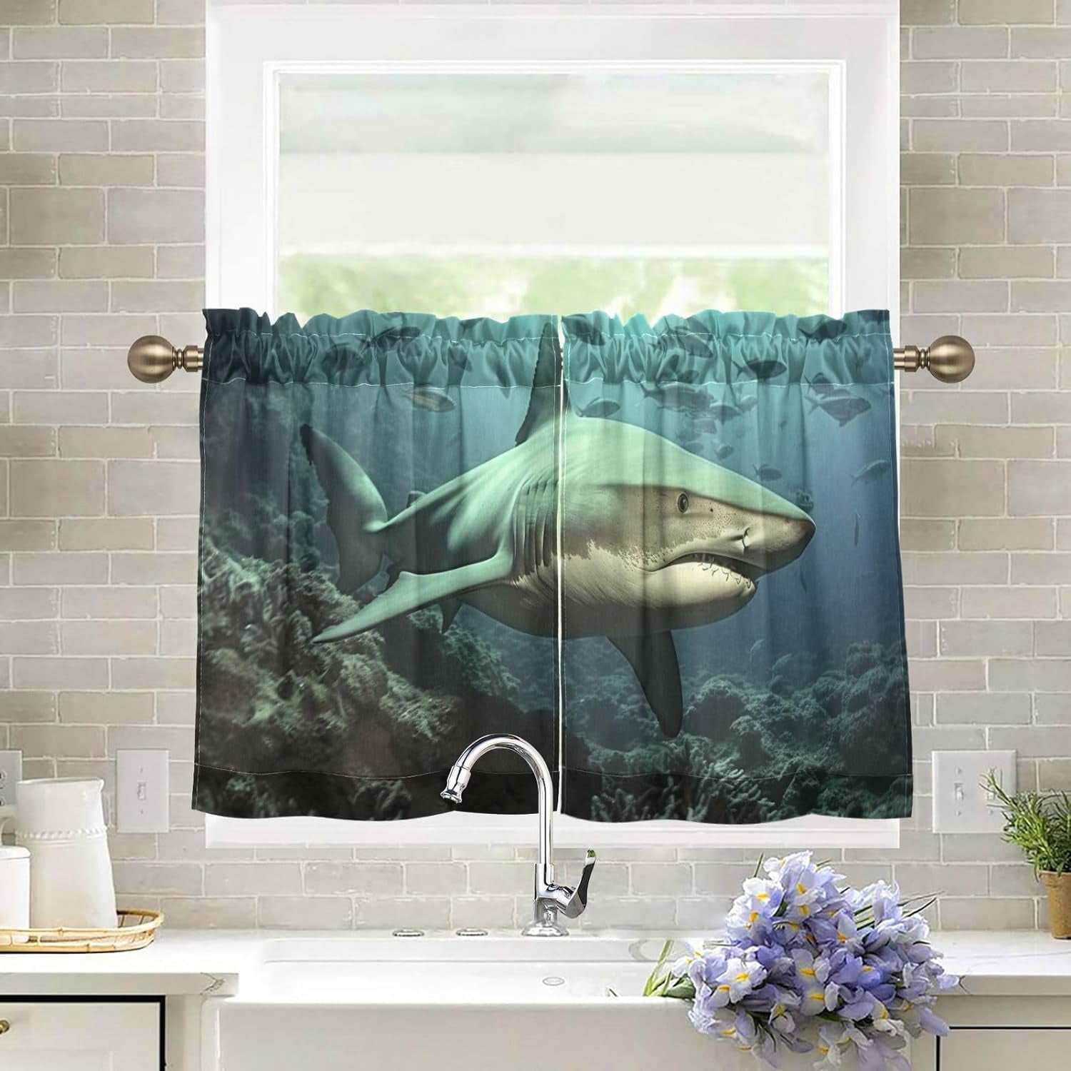 Coolnut Sharks Kitchen Curtains 24 Inch Length Blackout Thermal ...