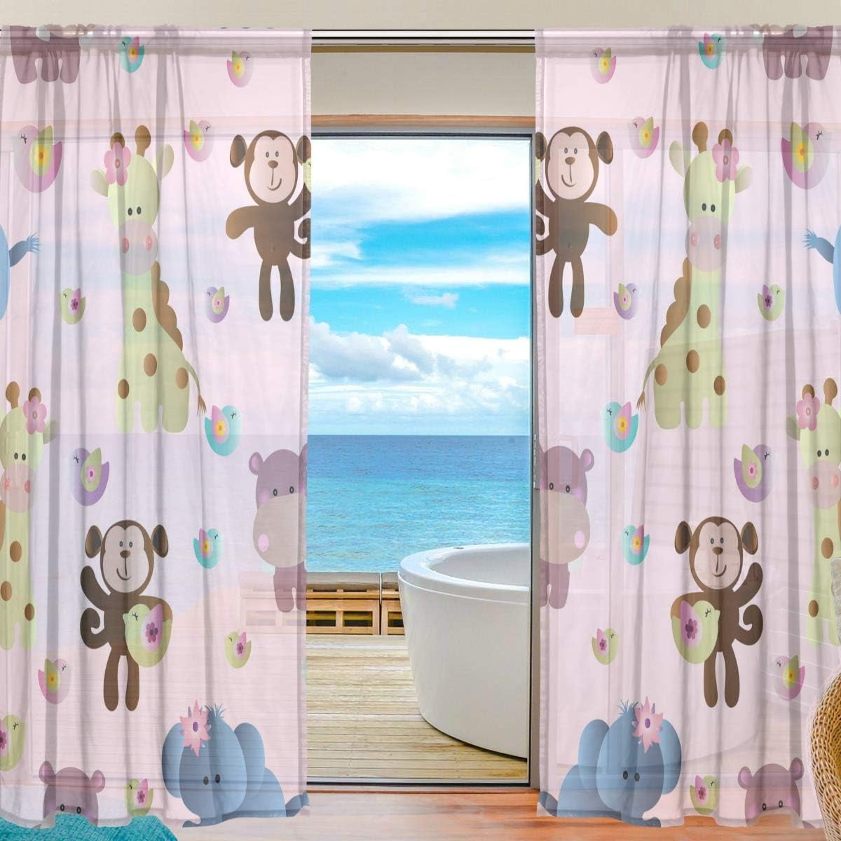 Coolnut Sheer Curtains, 2 PCS Cute African Animals On Pink Gauze Door ...