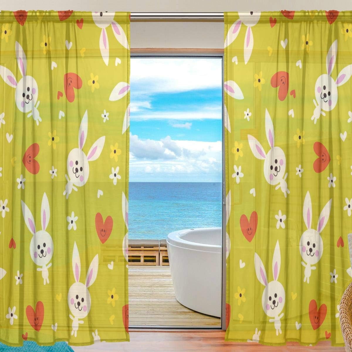 Coolnut Sheer Curtains, 2 PCS Cute Baby Bunnies Flowers and Hearts ...