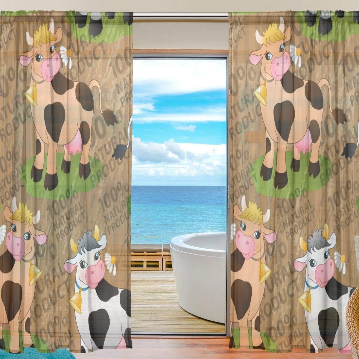 Coolnut Sheer Curtains, 2 PCS Cute Beautiful Cow in Gauze Door and ...