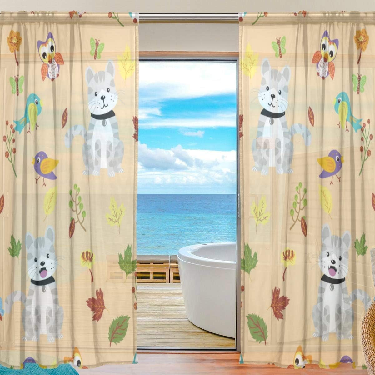Coolnut Sheer Curtains, 2 PCS Cute Cat with Birds Gauze Door and Window ...