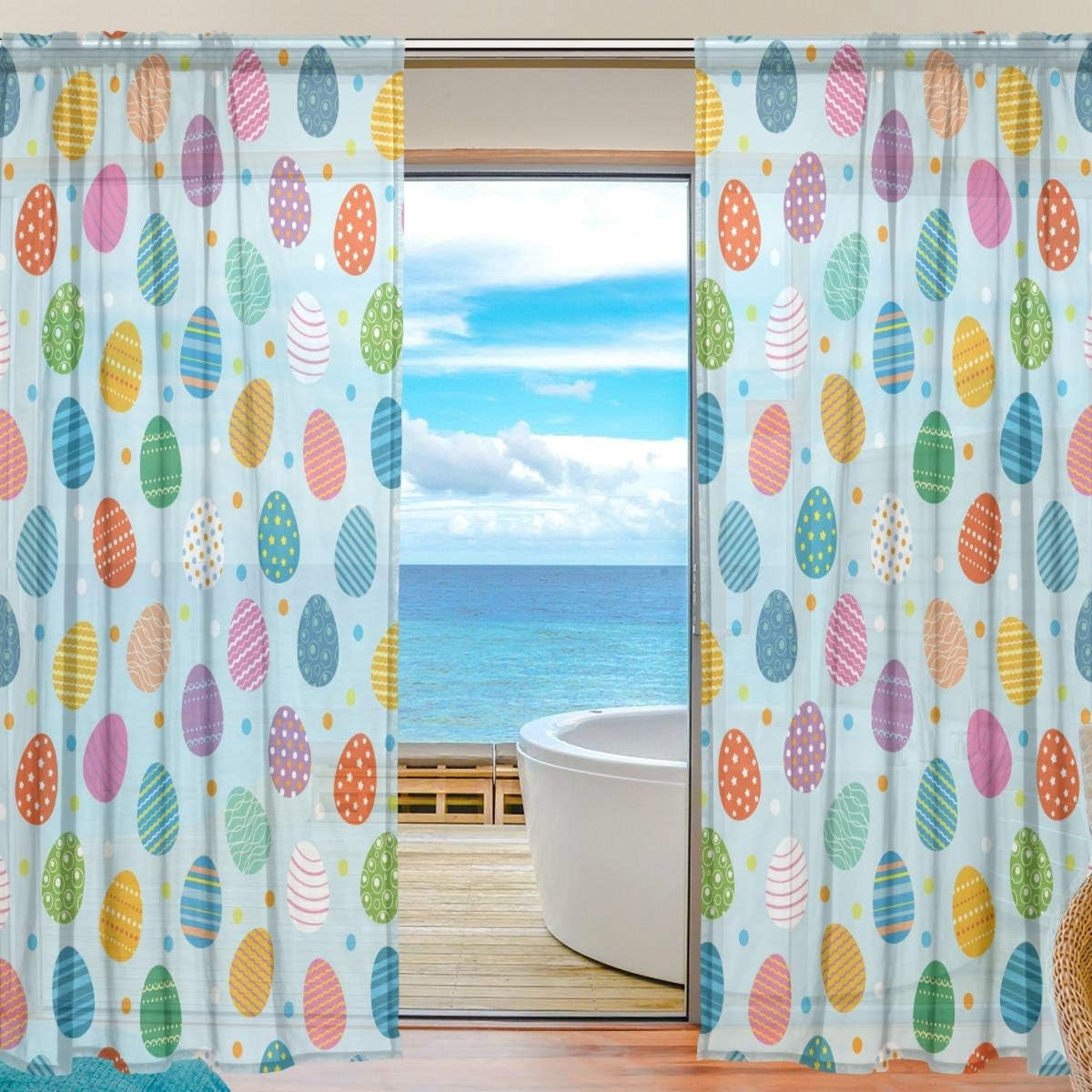 Coolnut Sheer Curtains, 2 PCS Easter Multicolor Eggs Gauze Door and ...