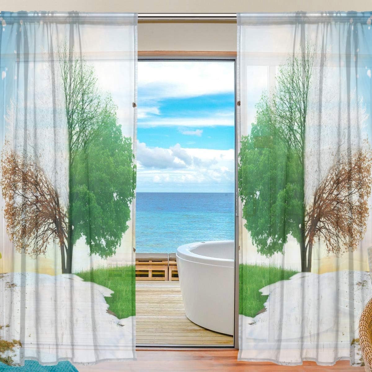 Coolnut Sheer Curtains, 2 PCS Four Season Tree Gauze Door and Window ...