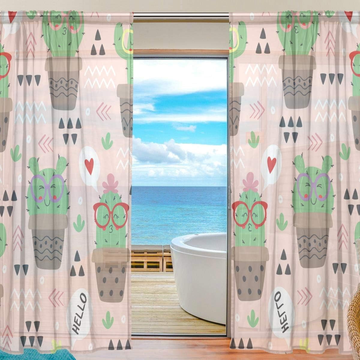Coolnut Sheer Curtains, 2 PCS Funny Cactus in Glasses Gauze Door and ...