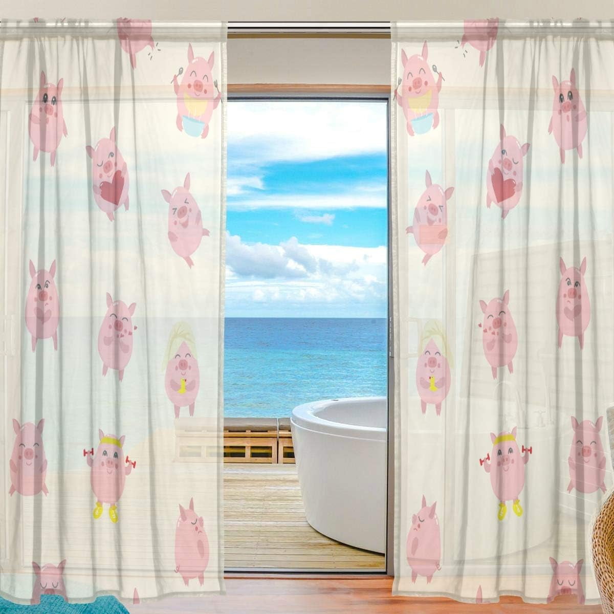 Coolnut Sheer Curtains, 2 PCS Funny Pigs Gauze Door and Window Voile ...