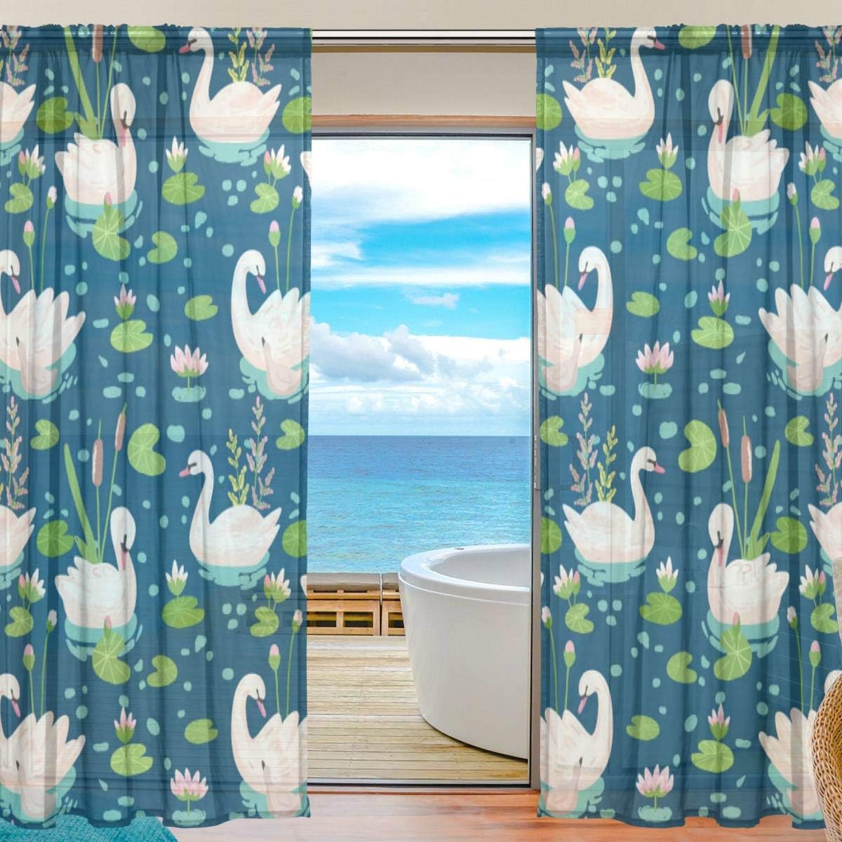 Coolnut Sheer Curtains Beautiful Swans and Water Lillies Gauze Door and ...