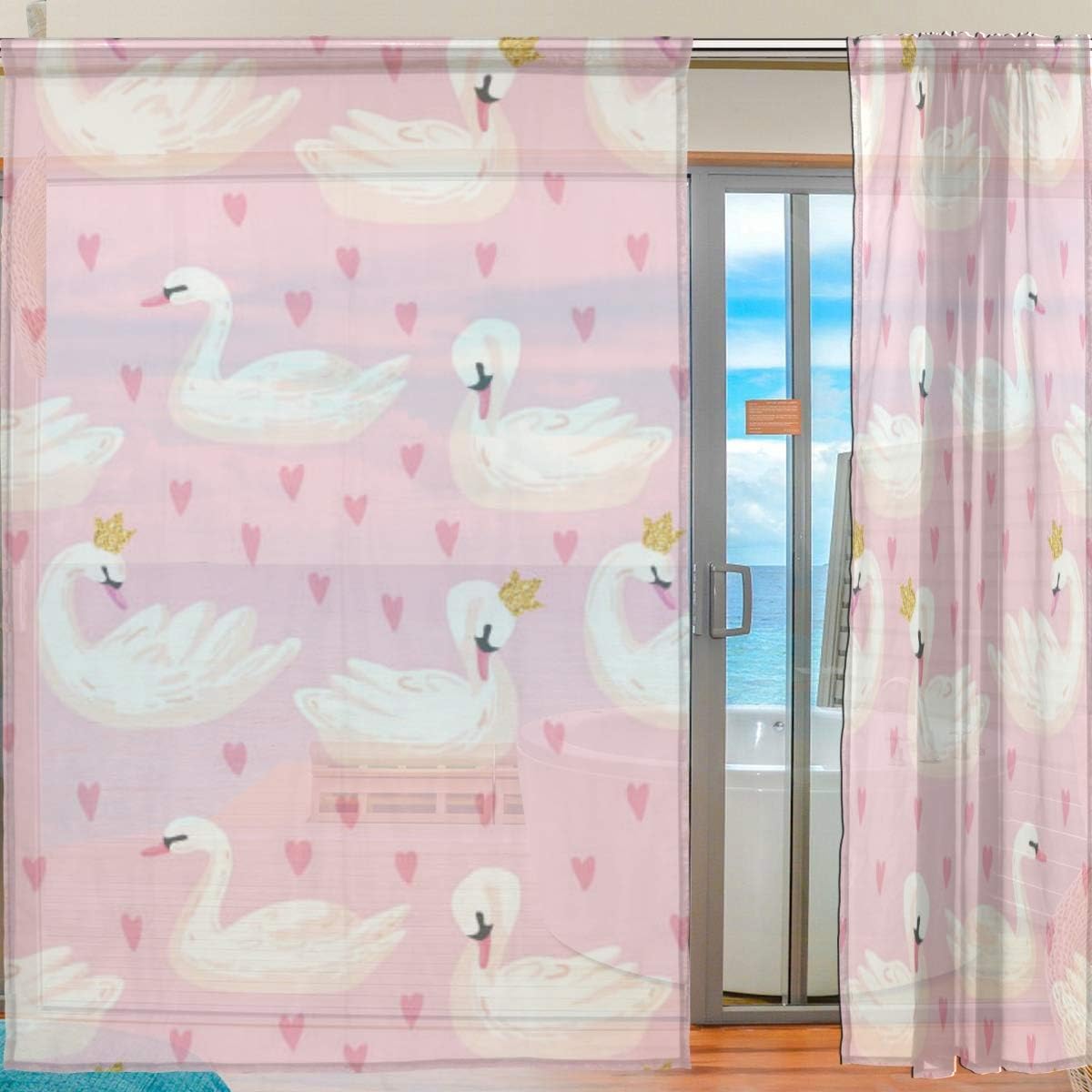 Coolnut Sheer Curtains Beautiful White Swans and Hearts Gauze Door and ...