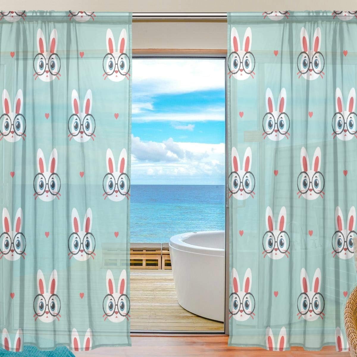 Coolnut Sheer Curtains Bunny Wear Glasses Gauze Door and Window Voile ...