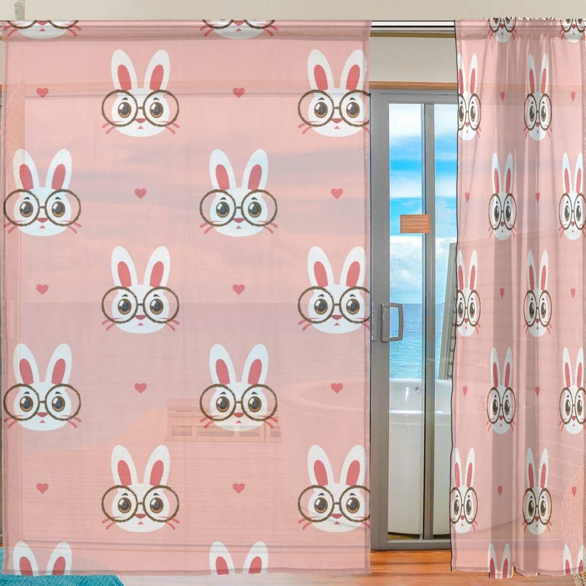 Coolnut Sheer Curtains Bunny Wear Glasses On Pink Gauze Door and Window ...