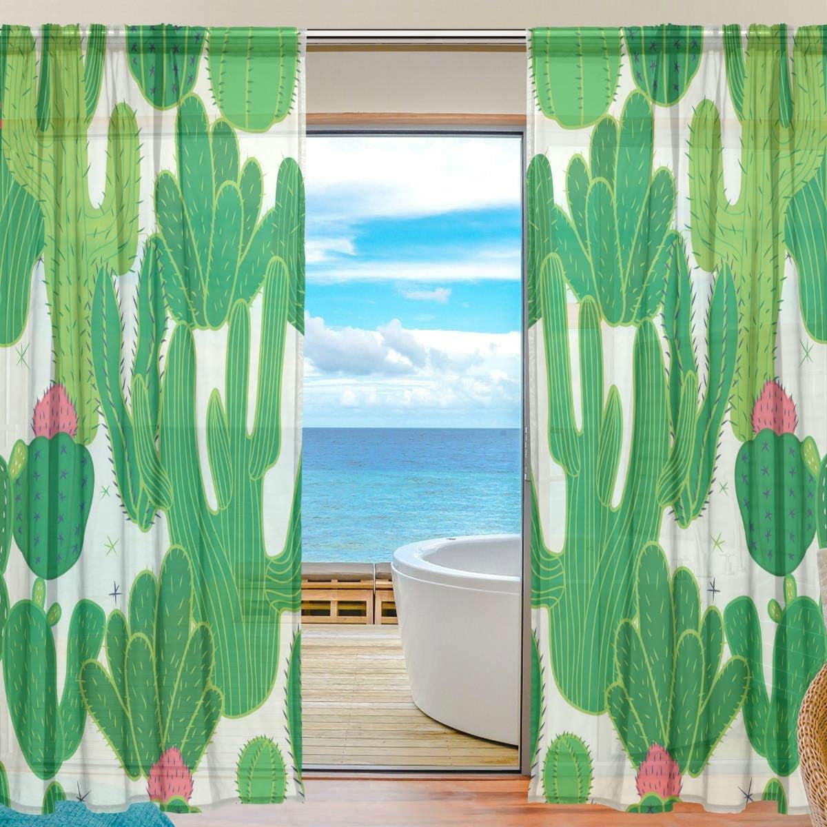 Coolnut Sheer Curtains Cactus with Flowers Gauze Door and Window Voile Curtain Panels for ...